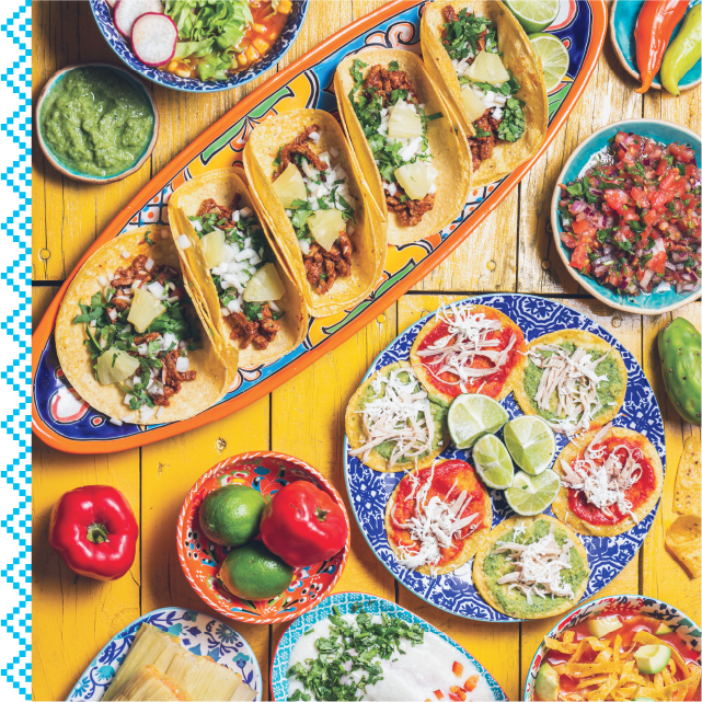 Illustration of tacos on a tray, fresh guacamole and salsas. Save on ...